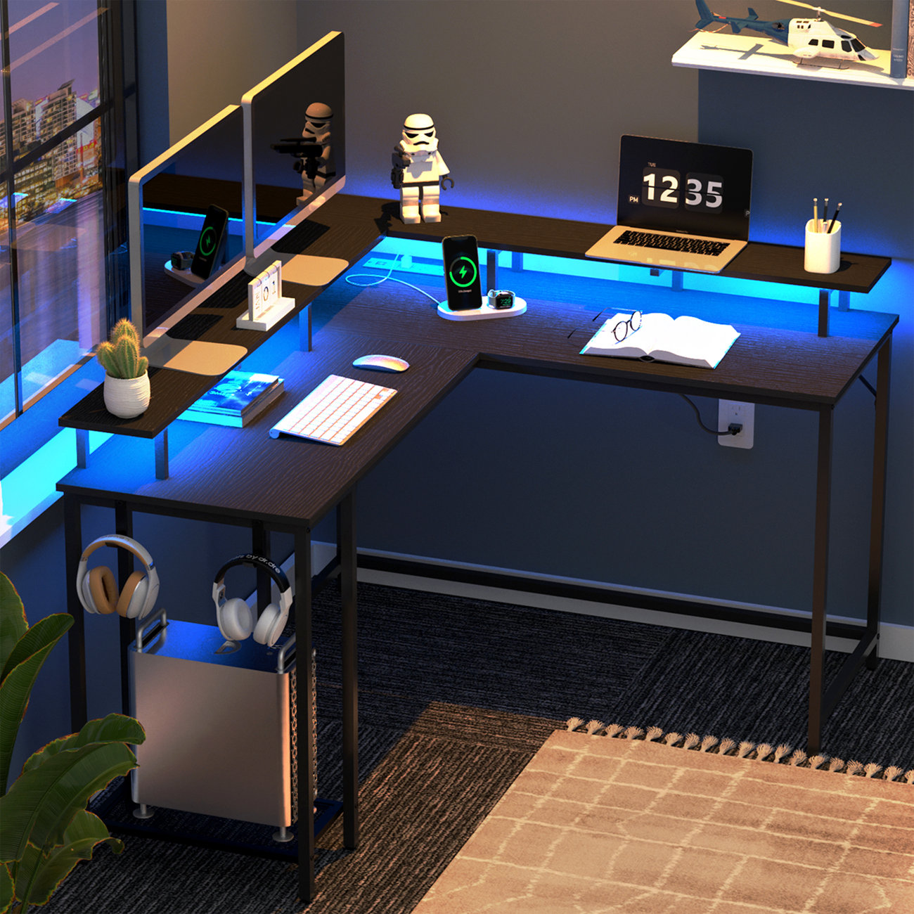 Inbox Zero Kamai 54" Desk, L Shaped Desk, Computer Desk, L Desk, Corner Desk, Desks with LED ...